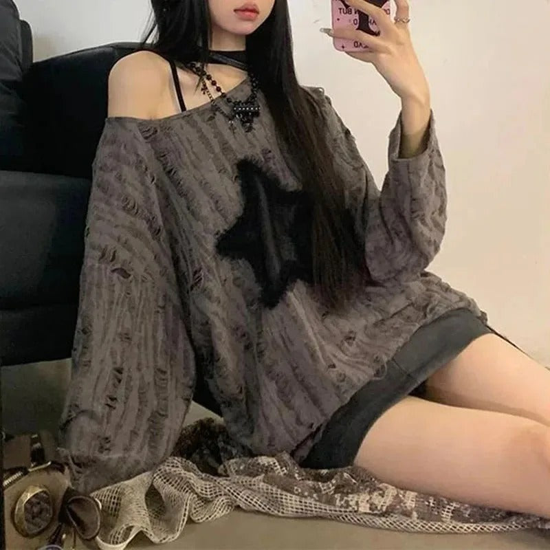 Oversized Sweater with Edgy Star Design Streetwear Looks – Boots N Bags ...