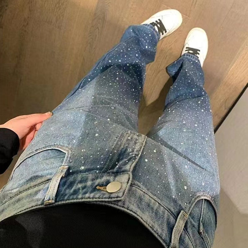 Gradient Rhinestone Studded Straight Jeans – Boots N Bags Heaven