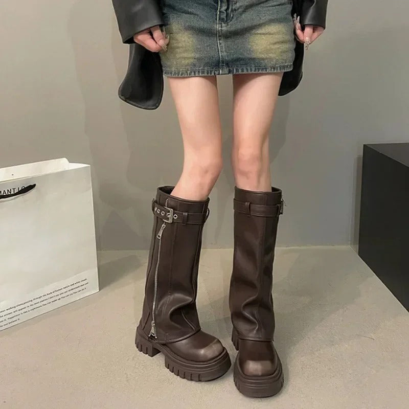 Women's Knee High Fold Over Chunky Boots with Buckle and Side Zipper ...