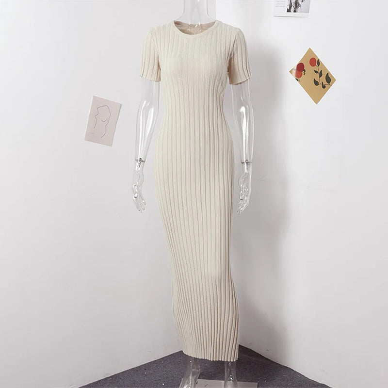 Women's Form Fitting Knitted Round Neck Pleated Maxi Dress – Boots N ...