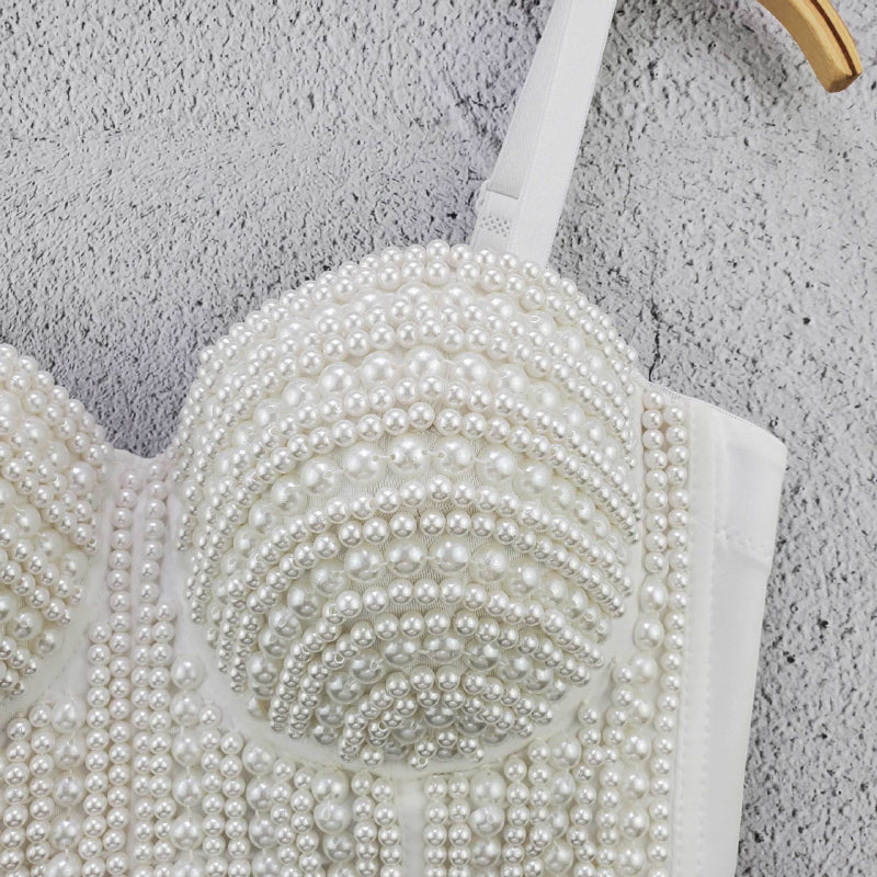 Chic Pearl Embellished Bustier Crop Top with Straps – Boots N Bags Heaven