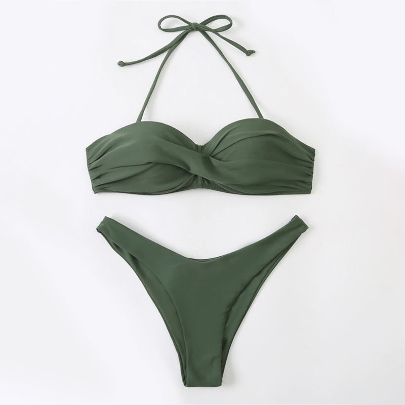 Solid Color Halter Backless Summer Beach Two-Piece Thong Bikini – Boots ...