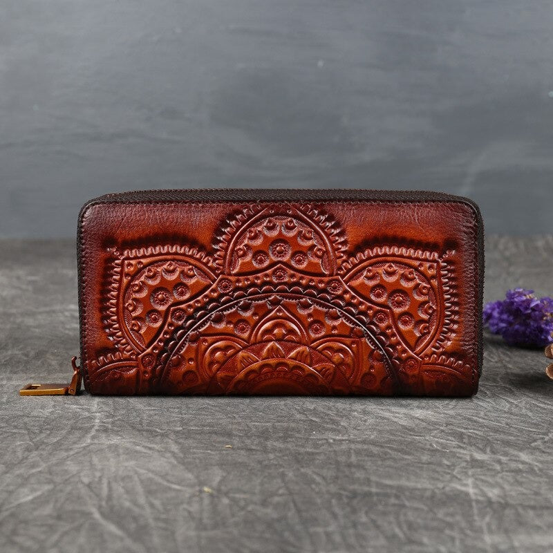 Retro Mandala Embossed Genuine Leather Boho Wallets – Boots N Bags Heaven