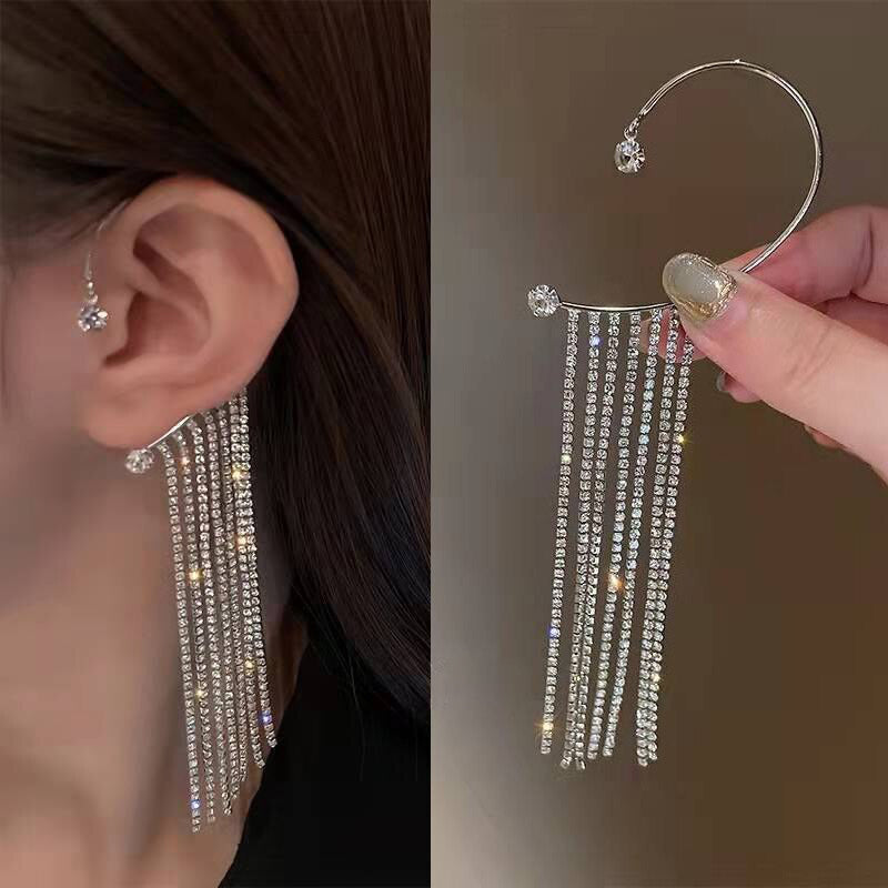 Shining Rhinestone Bejeweled Long Tassel Ear Cartilage Cuff Earrings ...