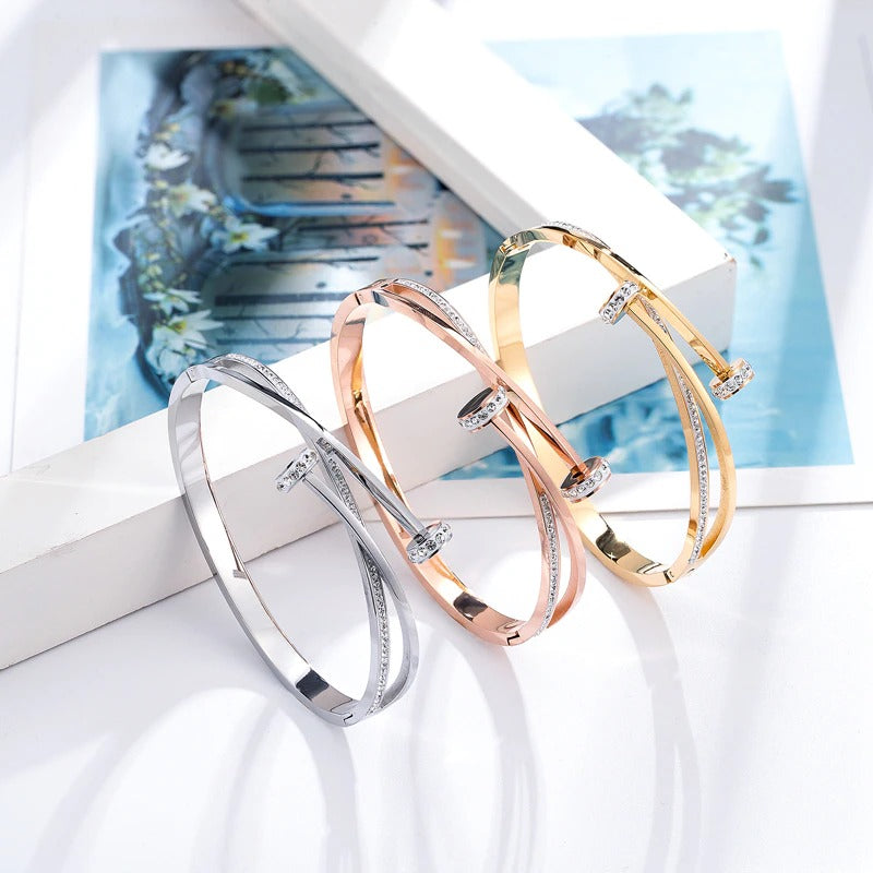 Trendy Double Cross Rhinestone Nail Head Stainless Steel Bangle Bracel ...